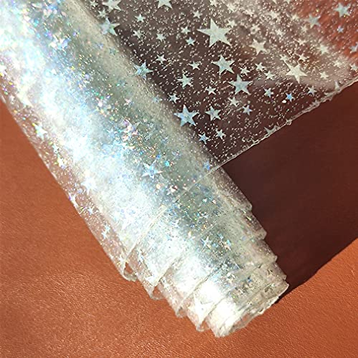 HYANG Holographic Star Transparent PVC Super Clear Holographic Vinyl Faux Leather Sheets 1 Roll 12"X47" (30cmX120cm) for DIY Bows Earrings Bags DIY Crafts Making