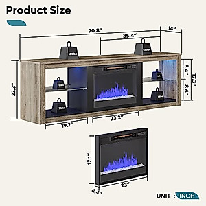 Bestier Fireplace TV Stand for 75 inch TV with 23 inch Electric Fireplace, 70 inch Entertainment Center with LED Light, Glass Shelves for Living Room, Wash Gray