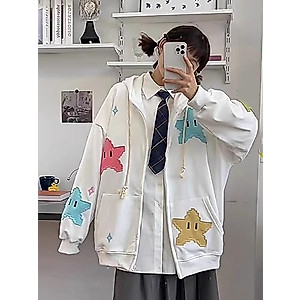 Durveency Women Teen Girls Y2K Hoodie Jacket Star Zip Up Hooded Sweatshirt Grunge Hoodies Cute Streetwear White