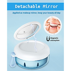 Denture Bath Case, Denture Cup, Leak Proof Portable Retainer Case, Denture Cleaning Kit with Cleaner Brush, Denture Box with Strainer & Mirror, Denture Case for Aligner Retainer Mouth Guard
