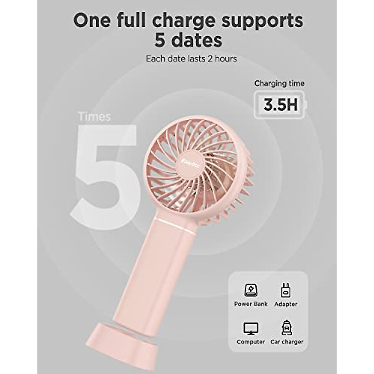 EasyAcc Mini Portable Fan, Powerful Handheld Fan, Cute Design 3 Speed Personal Small Desk Fan with Base, Lightweight Makeup USB Rechargeable Fan for Stylish Girl Women Men Indoor Outdoor