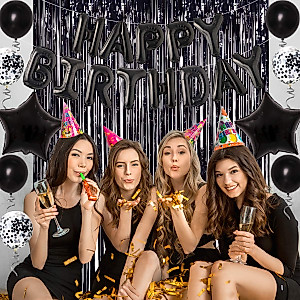 JOYMEMO 30th Birthday Decorations Black - Dirty 30 Foil Balloon & Cake Toppers, Happy Birthday Banner, Black Star Confetti Balloons, Foil Fringe Curtain for Men Women Thirty Birthday Party Supplies