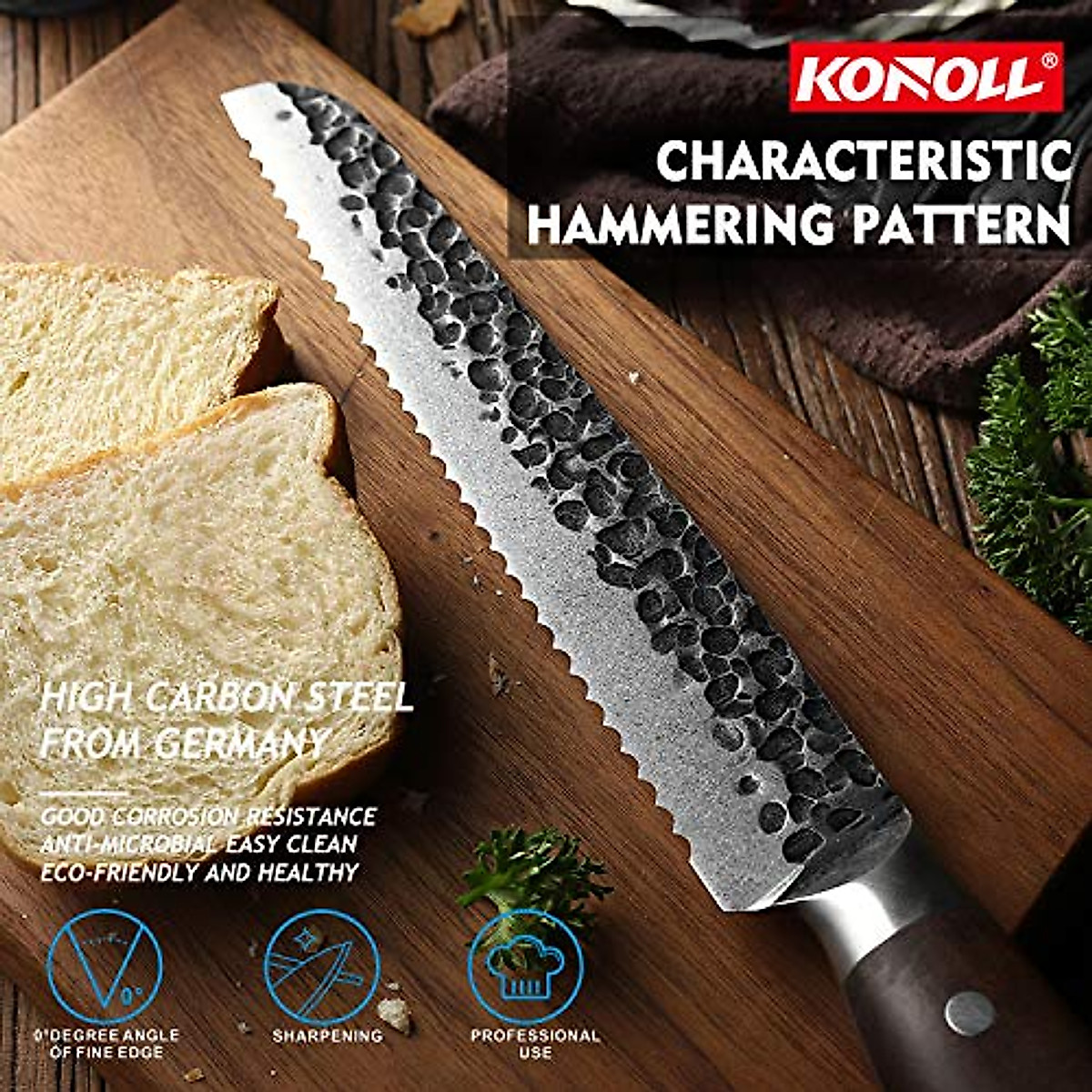 KONOLL Bread Knife,8-Inch Pro serrated Bagle knife Forged Hammered Germany High Carbon Steel Cake Slicing (8-Inch Thunder-K Series)