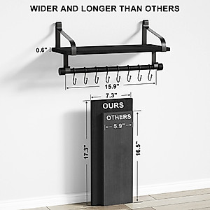 Love-KANKEI Floating Shelf Wall Shelf for Storage Rustic Wood Kitchen Spice Rack with Towel Bar and 8 Removable Hooks for Organize Cooking Utensils or Mugs Black