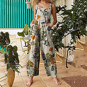 Bravetoshop Womens Jumpsuit Suspender Wide Leg Overalls Summer Boho Button Up Baggy Rompers with Pockets (A-Yellow,M)