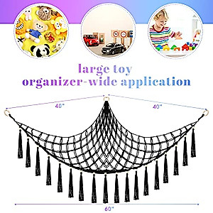2 Set Large Stuffed Animal Toy Net Hammock with LED Light Plush Toy Hammock with Hooks Boho Corner Stuffed Animal Hanging Organizer for Kids Bedroom Nursery Decoration (Black)
