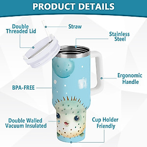 40 oz Cute Pufferfish Insulated Tumbler with Handle, Stainless Steel Vacuum Water Bottles with Lid and Straw for Water, Iced Tea or Coffee