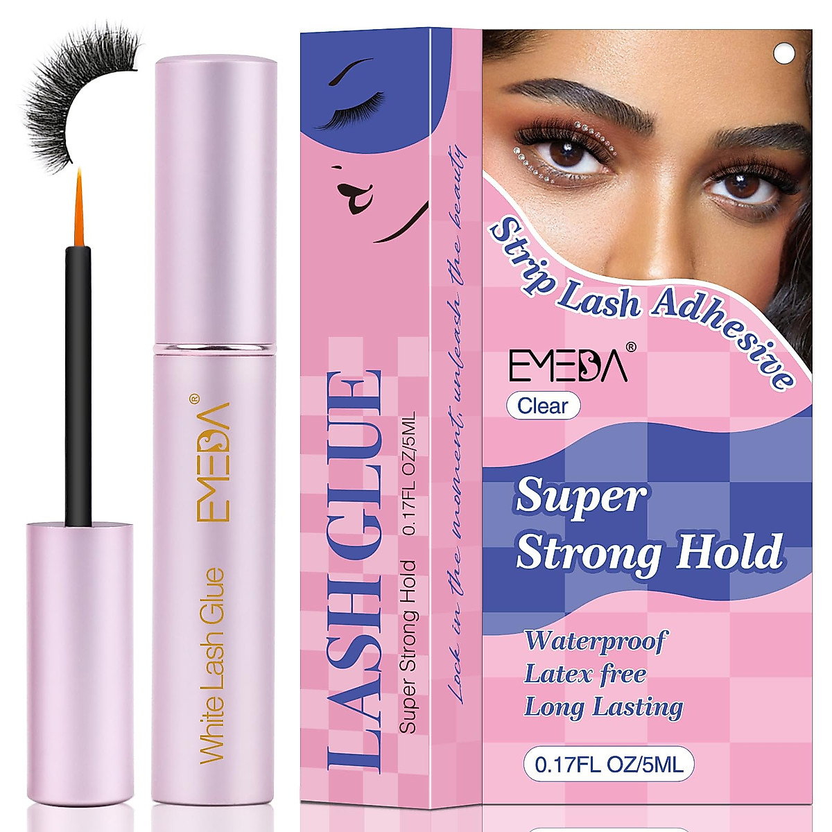 EMEDA False Eyelash Glue Super Strong Hold 24H Clear Glue Strong Hold Water Proof Formula No Irritation Latex Free Long Lasing Quick Dry Pegamento De Pestaas White Strip Eyelash Adhesive 5ml 0.17oz