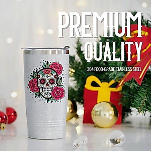 Onebttl Sugar Skull Gifts for Women, Day of the Dead, 20 oz Travel Tumbler with Lid, Brush, and Straw, Mexican Gifts, Silver Glitter