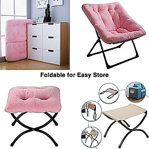 WELL-STRONG Folding Living Room Chair with Ottoman - Faux Fur Foldable Bedroom Chair and Foot Rest Set with Metal Frame Lounge Chair and Foot Stool Set for Men, Women, Teens, Kids Pink
