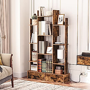 HOOBRO Bookshelf, Bookcase with Charging Station and 2 Drawers Storage, Rustic Tree Shaped Wooden Bookshelves with 12 Storage Shelves, for Bedroom, Home Office, Living Room BF140USJ01