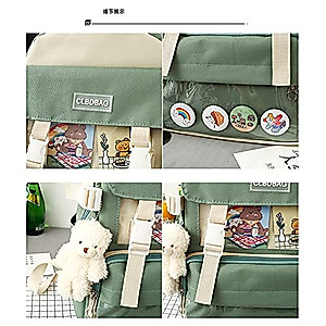 Cute Kawaii Backpack 4Pcs Canvas Backpack Give away bear pendant Pencil Pouch Shoulder Bag Lunch Bag for Girls Boys (one size, Green)