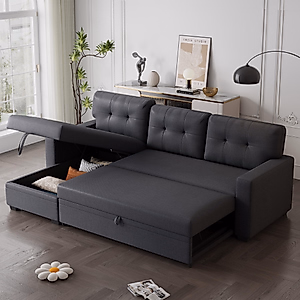 Jintop 82" L-Shape Convertible Sleeper Sectional Sofa with Storage Chaise and Pull-Out Bed,Upholstered Reversible Corner 3 Seater Couch with Button Tufted Backrest & Armrest,for Living Room,Dark Gray