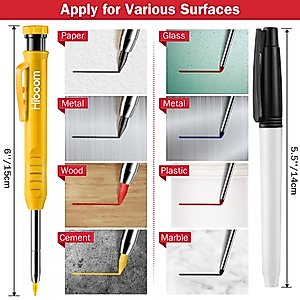 Mechanical Carpenter Pencil Set, 3 Pcs Woodworking Pencil with Built in Sharpener and 12 Pcs Refills, 3 Pcs Long Nose Deep Hole Marker Pen, Scriber Marking Tools for Architect (Red, Black, Yellow)