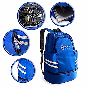 Svitbag Blue Large Waterproof Sports Backpack 35.5L Capacity Polyester Fabric Reflective Side Stripes, Multiple Compartments, Laptop and Phone Pockets - Best for Gym