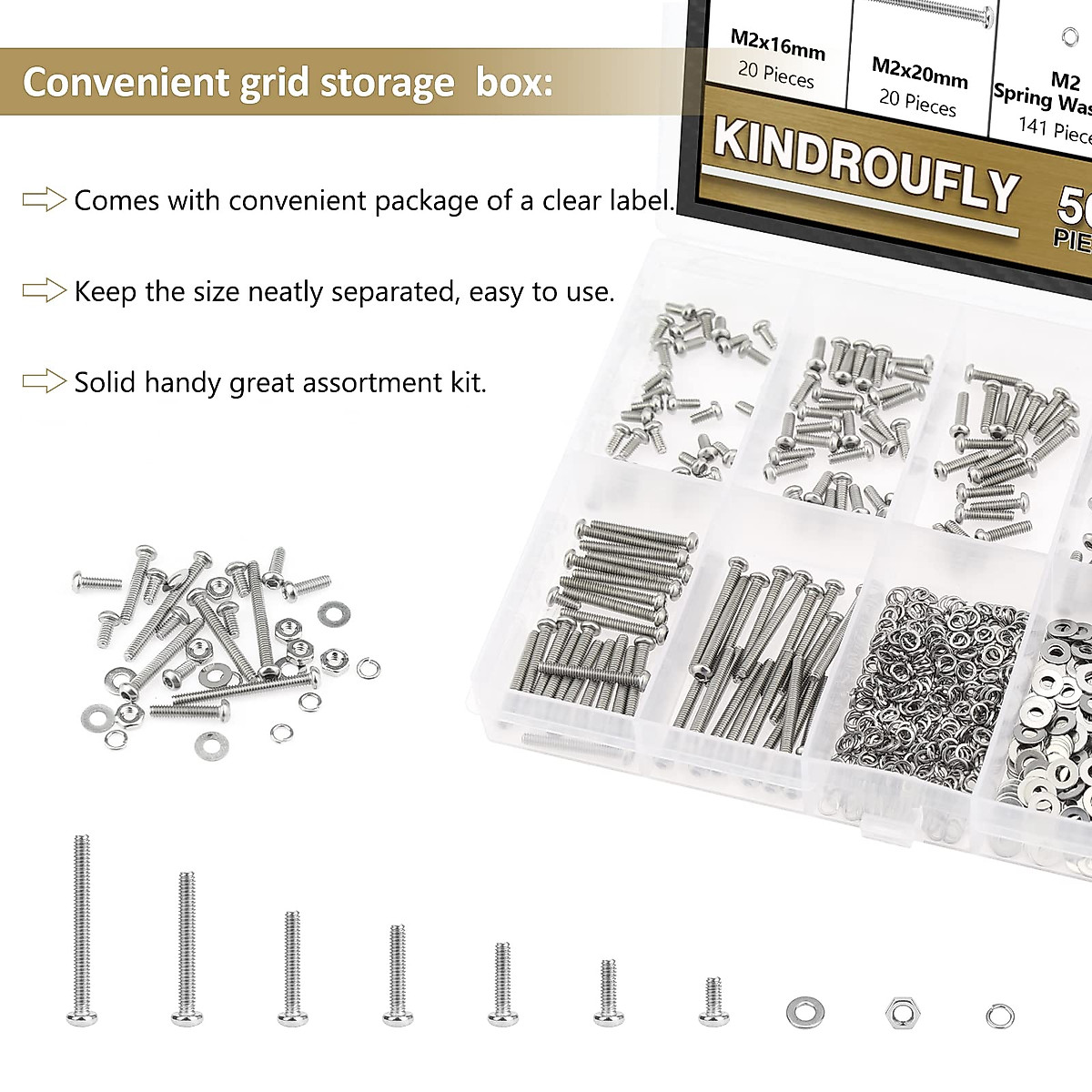 Kindroufly 562 Pieces M2 x 4/6 /8/10 /12/16 /20mm Button Head Socket Cap Screws Nuts Washers Assortment Kit, 304 Stainless Steel, Fully Machine Thread