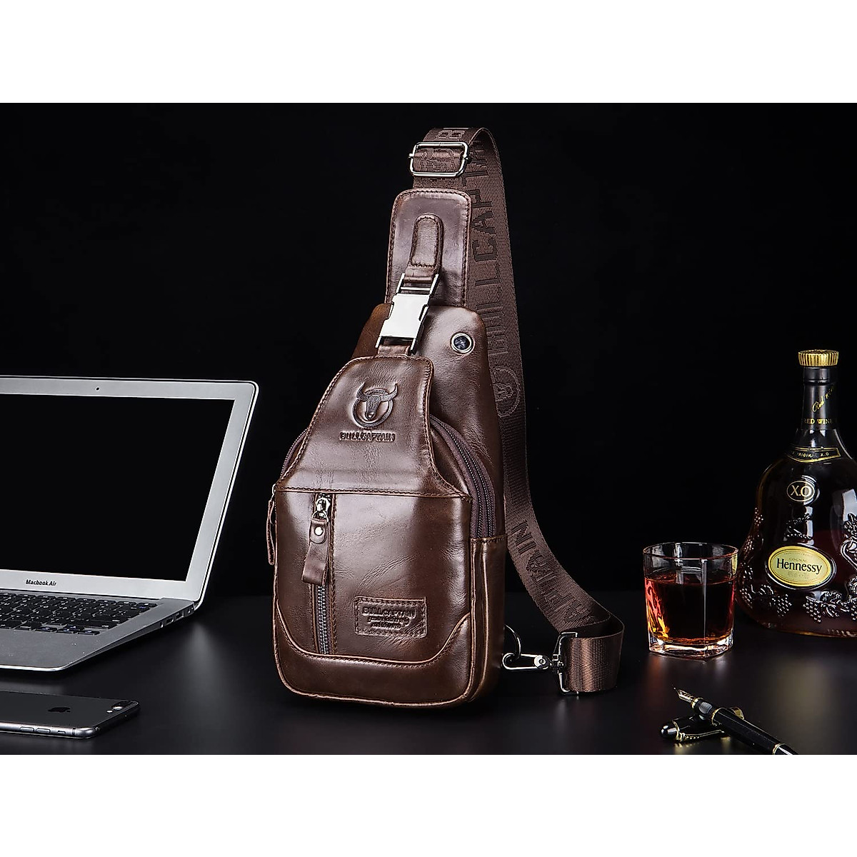 BULLCAPTAIN Sling Bag Genuine Leather Crossbody Backpack Outdoor Travel Chest Bag Daypack (Brown)