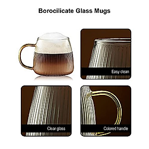ZHMTang Premium Unique Glass Coffee Mugs Set of 2 Fancy Cups with Stylish Vertical Stripes Pattern - Light Yellow Handle (Clear)