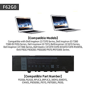 SWEALEER F62G0 Laptop Battery Replacement for Dell Inspiron 13 5370 7000 7370 7373 7380 7386 P83G P83G001 P83G002 P87G P87G001 Vostro 13 5370 D1525S D1505G R1605S D2505G Series F62GO RPJC3 39DY5
