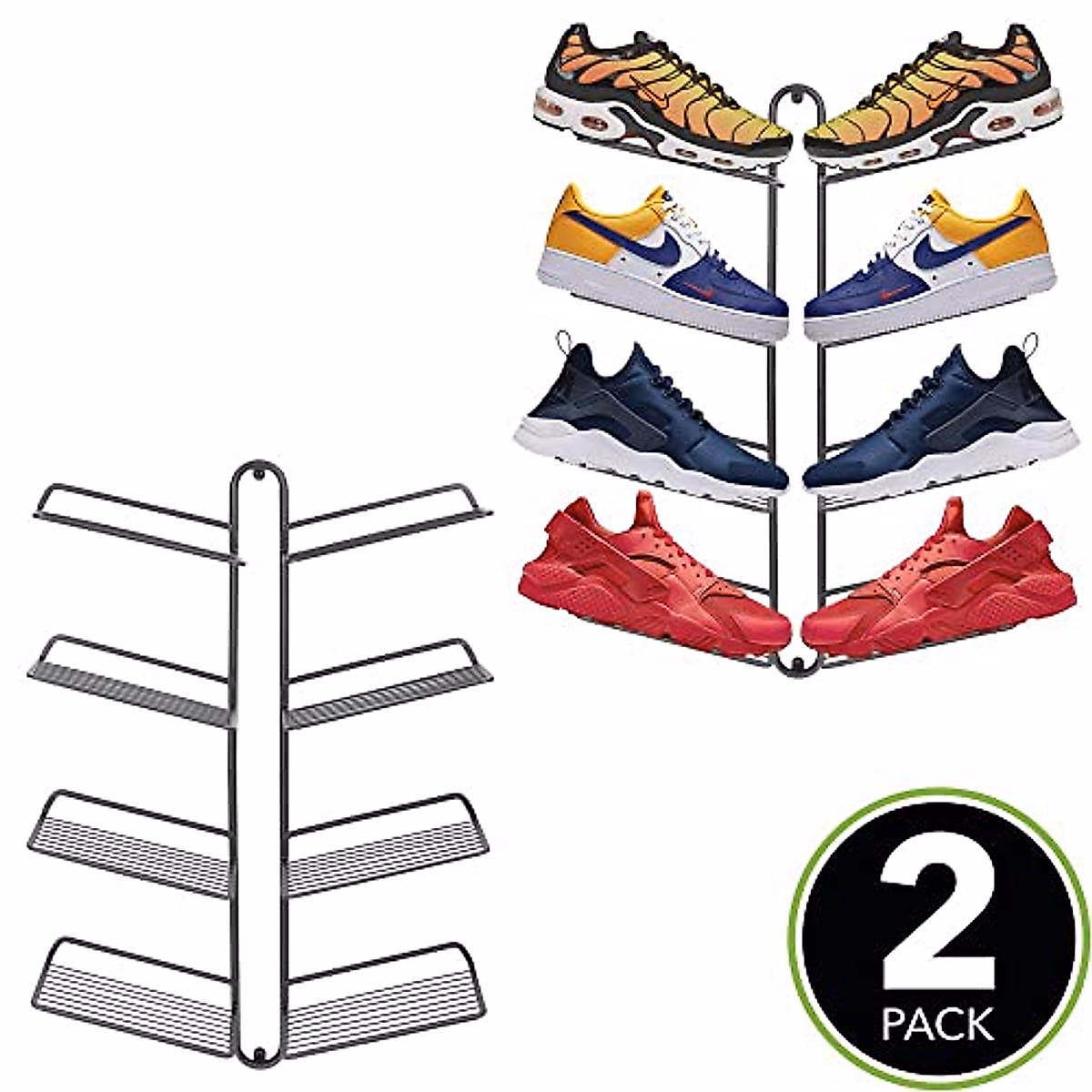 mDesign Modern Metal Shoe Organizer Display & Storage Shelf Rack - Hang & Store Your Collection of Kicks, Running, Basketball, Trainers, Tennis Shoes, Holds 16 Shoes, Wall Mount; 2 Pack- Graphite Gray