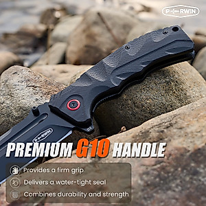 PERWIN Pocket Knife - 4” D2 Steel Blade G10 Handle Folding Knife with Pocket Clip, One-handed Flipper Opening, Gifts for Men Dad Husband