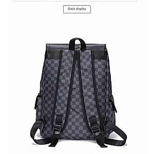 Classic PU Leather Laptop Backpack Unisex For Adult Youth Travel Leisure Fashion Bag Drawstring Gray Grid Backpack (Black)