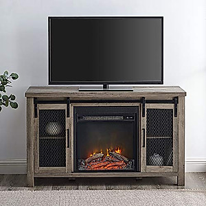Walker Edison Tall Farmhouse Metal Mesh Barndoor and Wood Universal Fireplace TV Stand or TV's up to 55" Flat Screen Living Room Storage Entertainment Center, 48 Inch, Grey Wash