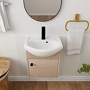 HomSof Small Size 18 Inch Bathroom Vanity with Ceramic Sink,Wall Mounting Design，18"x14", Plain Light Oak
