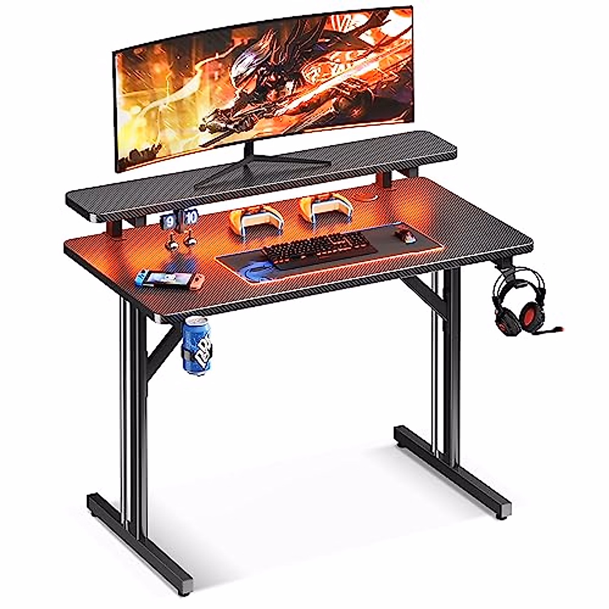 Small Gaming Desk with LED Lights, Computer Desk 31 Inch Gaming Table with Monitor Shelf, PC Desk with Cup Holder and Headphone Hook, Gamer Desk with Carbon Fiber Texture, Boys Desk Gift for Men