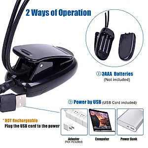 Music Stand Light, 1/2/4/10 Pack Clip on LED Book Lights, USB and AAA Battery Operated, Reading Lamp in Bed, 4 Brightness Levels, Ideal for Musician, Piano Player, Kids, Travel (Dual Arm)