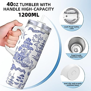 Xiexide 40oz Rustproof Hiking Tower Spring Chinese Folk Chinoiserie Style Double Walled Vacuum Insulatedith Handle And Straw,Hot & Cold Drinks