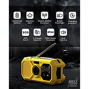 Emergency Weather Radio with Hand Crank Solar Cell Phone Charger, Portable 3500mAh Power Bank NOAA/AM/FM Radio,Battery Power Weather Alert Radios with Flashlights for Emergencies Radio Survial