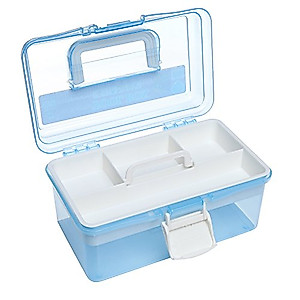 MyGift 10 Inch Portable Transparent Blue Plastic Storage Case Tool Box Sewing Box Organizer Travel Kit Box with Removable Tray, Clear Lid and Top Handle