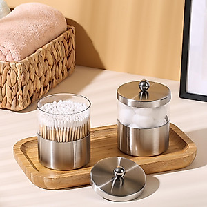 Gaussra Apothecary Jars, Qtip Holder - Stainless Steel Bathroom Jar with Stickers - Farmhouse Decor Qtip Dispenser for Qtips, Cotton Balls, Swabs, Makeup Sponges (2 Pack, Brushed Nickel)