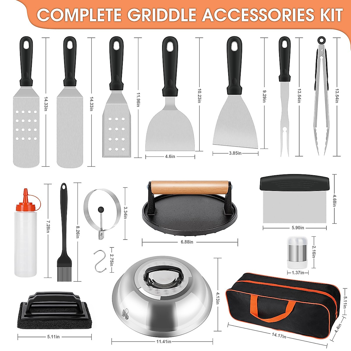 Fjzoys Griddle Accessories Kit, 29 PCS Flat Top Grill Accessories Set for Blackstone and Camp Chef, Metal Grill Spatula Set with Basting Cover, Burger Press, Tongs, Carry Bag for Outdoor Grilling BBQ
