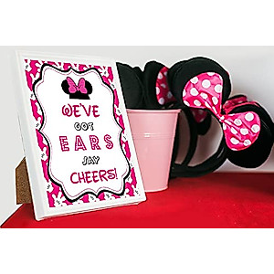 Minnie Mouse Birthday Decoration Signs | 4 Different Party Signs | 8 x 10 inch Minnie Mouse Party Supplies Birthday Sign Printed in Card stock | Minnie Mouse Clubhouse Inspired Door Signs | Food Labels Disney Decorations Hot Dog Bar Decor