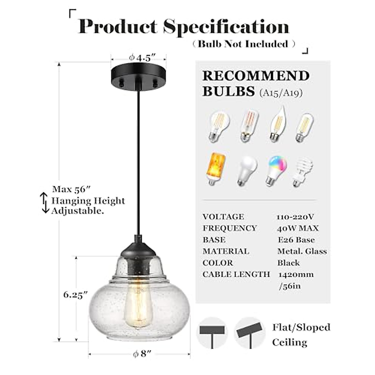 ELYONA Industrial Pendant Light Bubble Glass Kitchen Island Hanging Pendant Light Fxiture Modern Hand Blown Seeded Glass for Farmhouse Dining Room Bar Bedroom Living Room 8 inch Diam Black