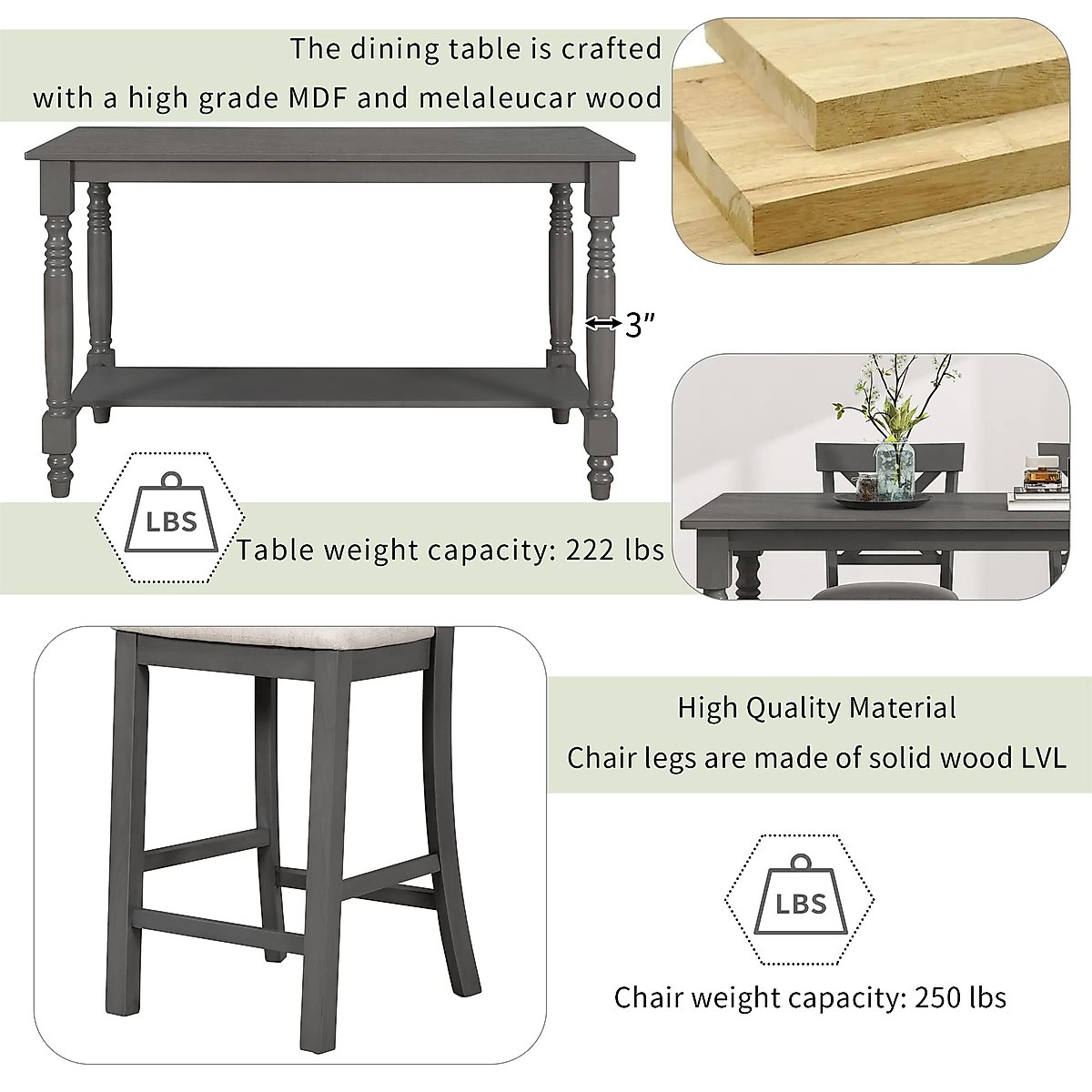 LUMISOL Wood Kitchen Dining Table Set of 6 with Bench and Chairs Farmhouse Rustic Dining Room Table Set, Recantgle Table with Shelf and Upholstered Seating, Gray
