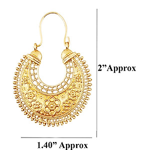 Touchstone Indian bollywood pretty fringes and floral theme ethnic south Indian chandbali moon bridal designer jewelry chandelier earrings for women in antique gold tone.