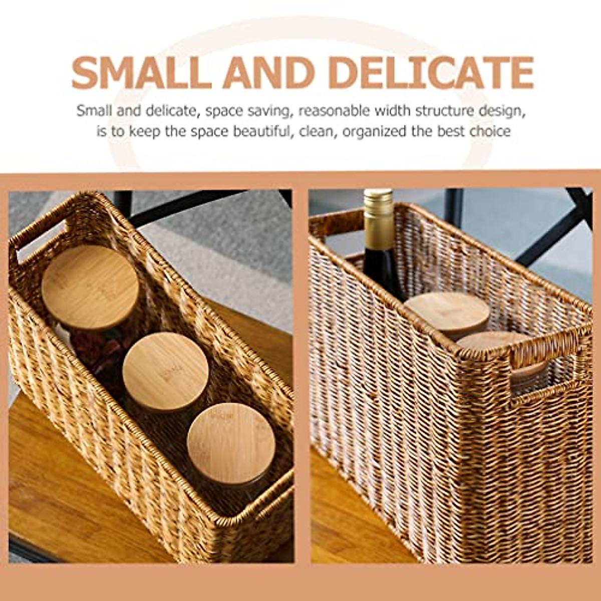 Zerodeko Imitation Rattan Hand Woven Magazine Basket, with Handles, Plastic Storage Basket Magazine Wicker Basket Hollow Handle Basket Desktop Magazine Holder