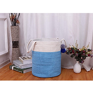 CraftEarth Blue Storage Basket for Nursery 40 by 35 cm - Woven Decorative Basket Large Natural Cotton Rope Basket with Handles
