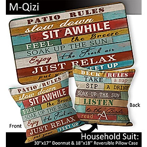 Patio Rules Decorative Doormat 17”X30”,Patio Rules Deck Rules Reversible Throw Pillowcase 18”X18”,Set of 1 Pillow Cover 1 Doormat,Farmhouse Home Porch Patio Garden Door Decor,Housewarming Gifts