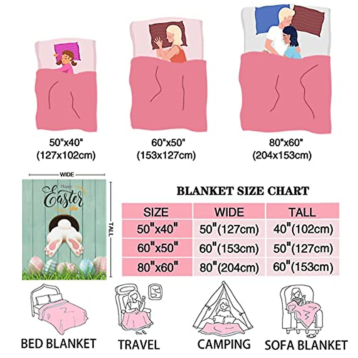 Abaysto Easter Throw Blanket for Kids Warm Plush Fleece Blanket Flannel Bed Blanket Bunny Tail Easter Eggs Rabbit Spring Flowers Lightweight Easter Blanket for Sofa Bed Couch 40"x50"