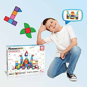 PicassoTiles 353pcsMagnetic Brick Tile and Magnetic Tile Combo Set, Action Figures Included, Building Blocks STEM Toys, Educational Montessori Preschool Toddler Classroom Learning Toys, Kids Activity