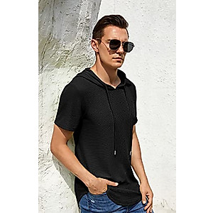 Sailwind Men's Waffle Knit Short Sleeve Hoodie Lightweight Hooded Pullover T Shirts, Black