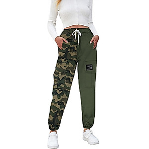 SANGTREE Women's Cargo Pants Elastic Waist Drawstring Tapered Jogger Pants with Pockets for Women,Camo,L