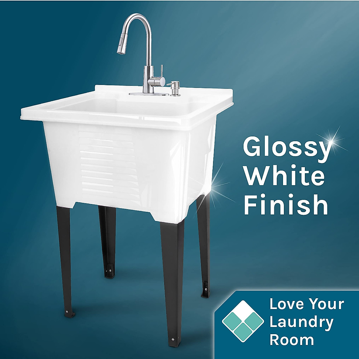 White Utility Sink by JS Jackson Supplies, Tehila Luxe Laundry Tub, Stainless Steel Finish Hi-Arc Pull-Down Faucet, Soap Dispenser