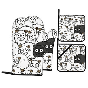 Cartoon Black White Sheep Printed Oven Mitt and Pot Holder Set, Washable Heat Resistant Oven Mitt for Kitchen Cooking Baking Grill