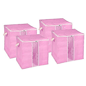 uxcell Clothes Storage Organizer Bag with Reinforced Handle 4pcs, Comforters Storage Bag for Clothes, Bedding, Blankets, Foldable with Sturdy Zipper-Pink