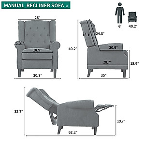 YITAHOME Wingback Recliner Chair, Push Back Recliner with High Back, Upholstered Tufted Accent Lounge Armchair Single Sofa Adjustable for Living Room, Grey